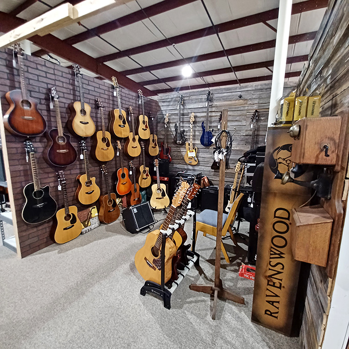 Not just any guitar collection&mdash;this is a wooden chorus of six-strings waiting for their next serenade. The Ravenswood sign hints at musical treasures beyond just instruments.