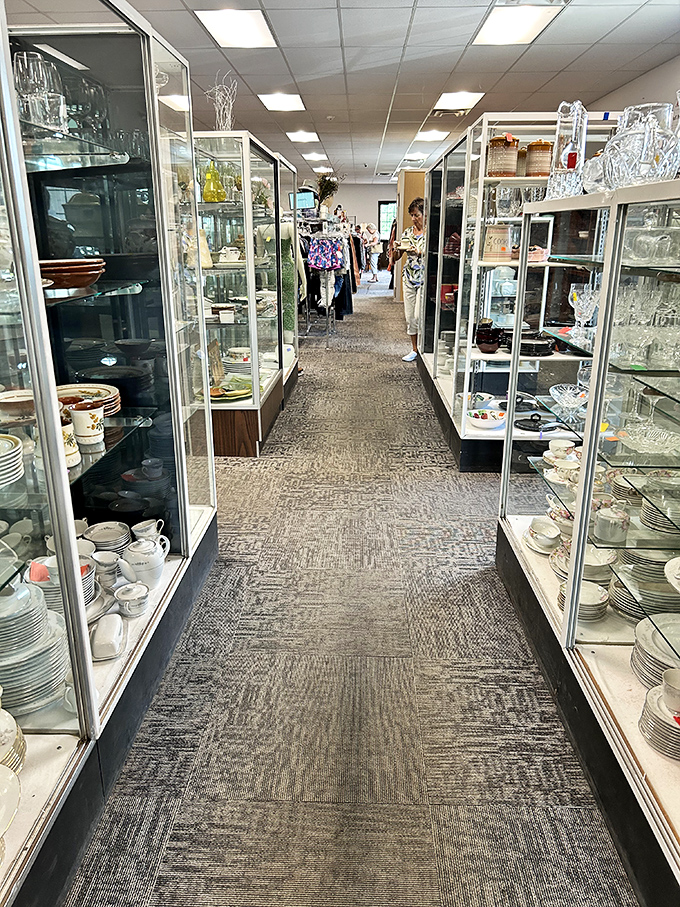 Crystal and china line these aisles like a museum of domestic history, each piece with stories we can only imagine.