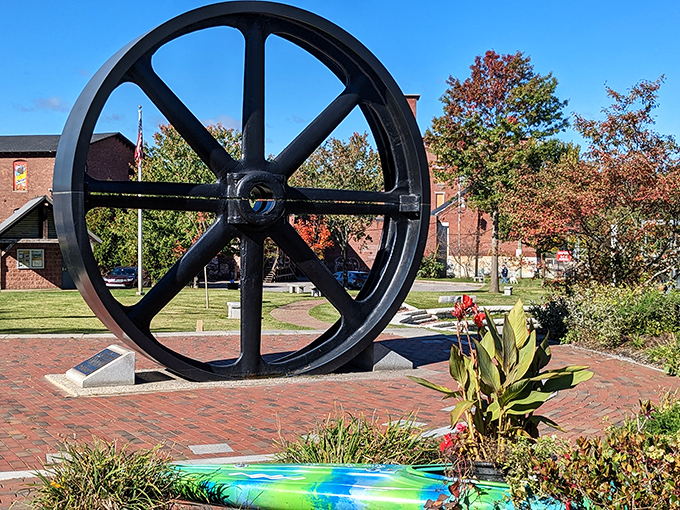 This massive mill wheel stands as a monument to Franklin's industrial past. History you can touch without paying museum admission prices.