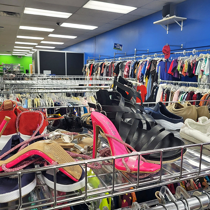 Shoe heaven or footwear purgatory? That hot pink heel might be someone's perfect prom accessory or the star of next year's Halloween costume.