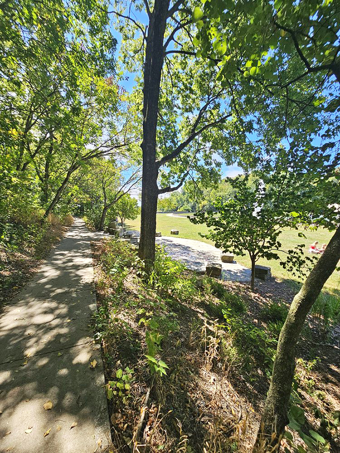 Dappled sunlight guides visitors along Eden Park's winding trails, where urban hustle fades with each step into the green embrace.
