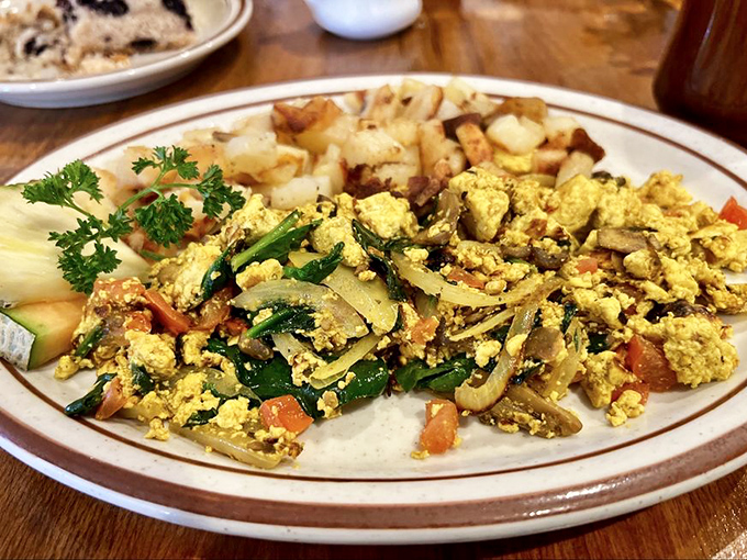 The tofu scramble proves plant-based eating needn't be punishment &ndash; vibrant vegetables and perfectly seasoned tofu create a colorful canvas that even carnivores covet.