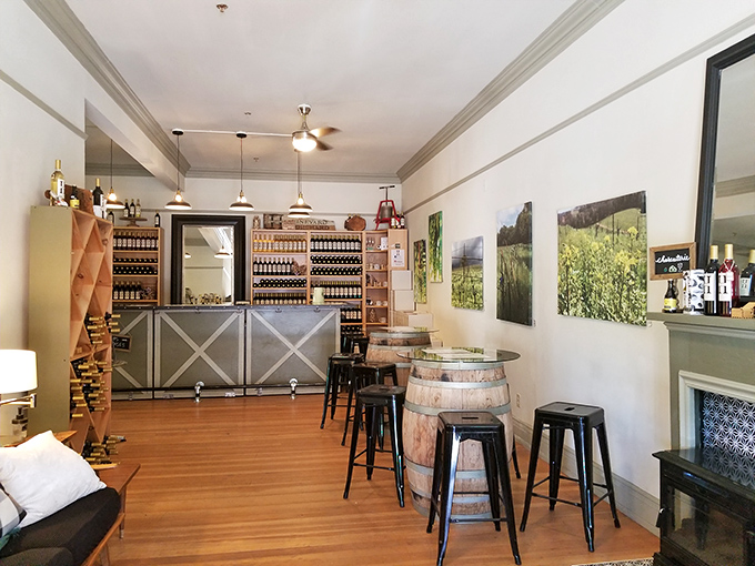 Wine tasting, Sierra foothills style&mdash;where barrel staves and wooden floors create ambiance no designer could replicate.