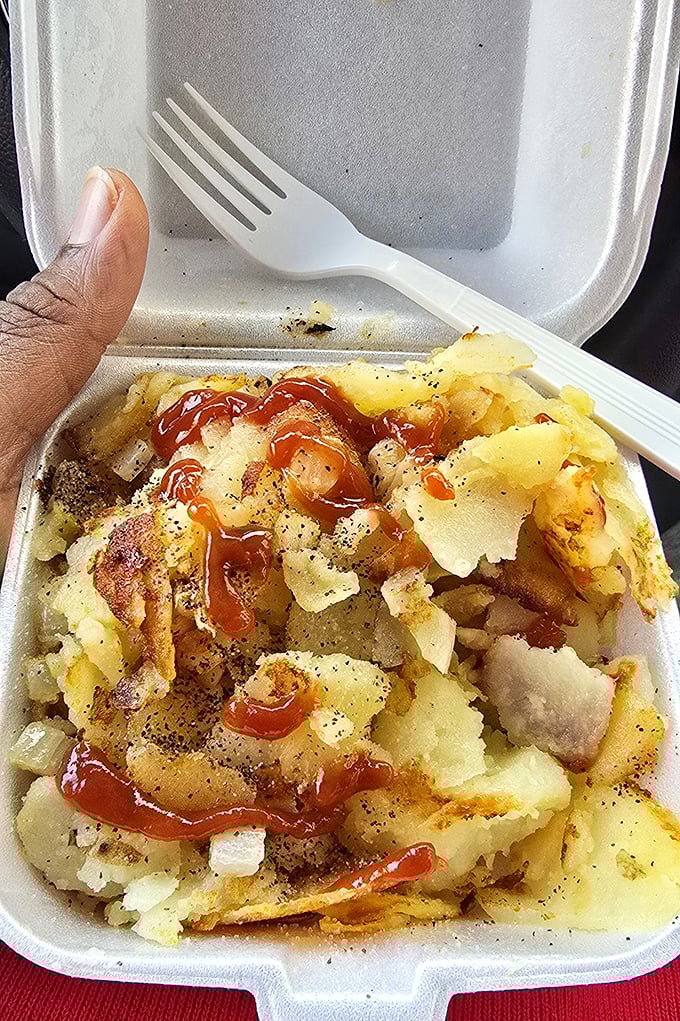 Home fries with ketchup zigzags that prove sometimes the simplest pleasures are the ones worth celebrating most.