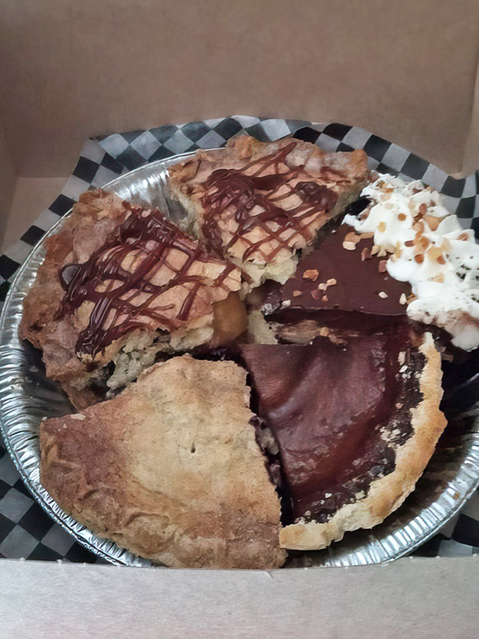 Pie paradise found! When chocolate meets flaky crust in a checkered basket, resistance becomes mathematically impossible.