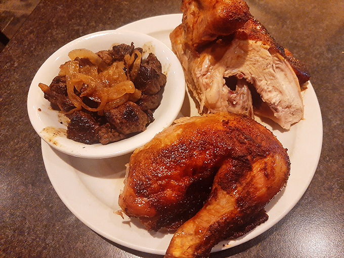 Honey-glazed chicken that would make your grandmother nod in approval, paired with what appears to be liver and onions&mdash;comfort food's dynamic duo.