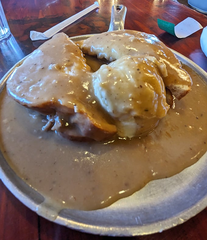 Gravy so good you'll want to write home about it. Open-faced hot beef sandwich that puts cafeteria versions to shame.