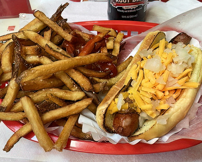 The perfect pairing: hand-cut fries with just the right amount of crispness alongside a hot dog crowned with melted cheese and diced onions.
