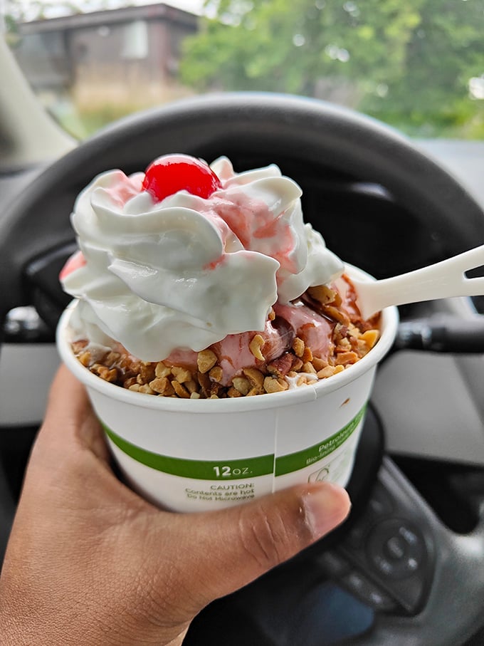 Car dashboard dining at its finest! This sundae turns your vehicle into the best seat in the house—whipped cream mountain included.
