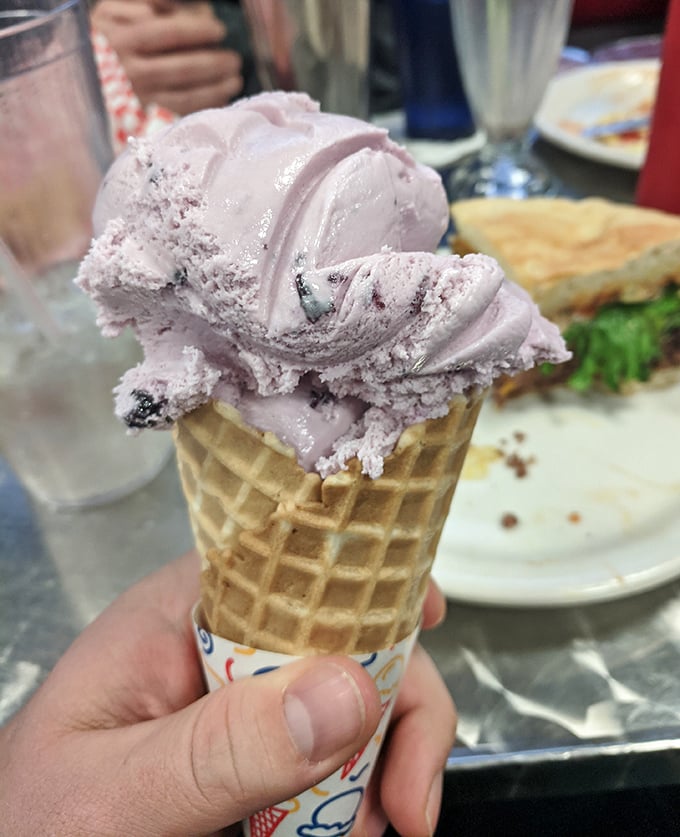 Huckleberry ice cream: Idaho's purple gold in frozen form, offering sweet redemption after your burger battle.