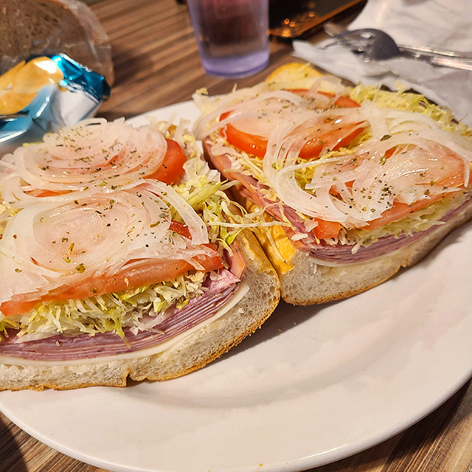 An Italian hoagie stacked so high it defies the laws of sandwich physics and gravity.