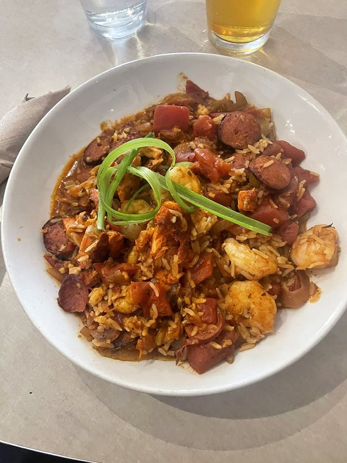 Jambalaya that brings New Orleans north to Alaska. Andouille sausage and plump shrimp nestle among spiced rice like treasures waiting to be discovered.