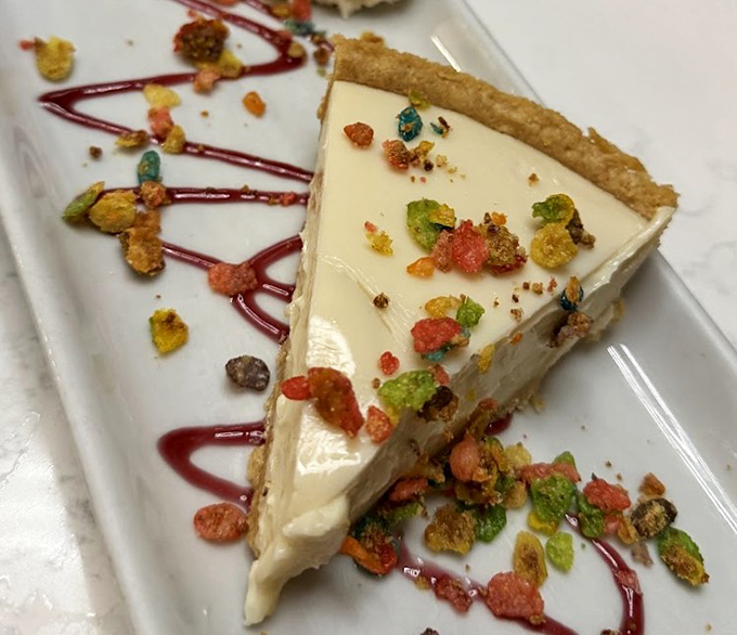 Key lime pie that strikes the perfect balance between sweet and tart, topped with colorful crunchies that add textural jazz hands.