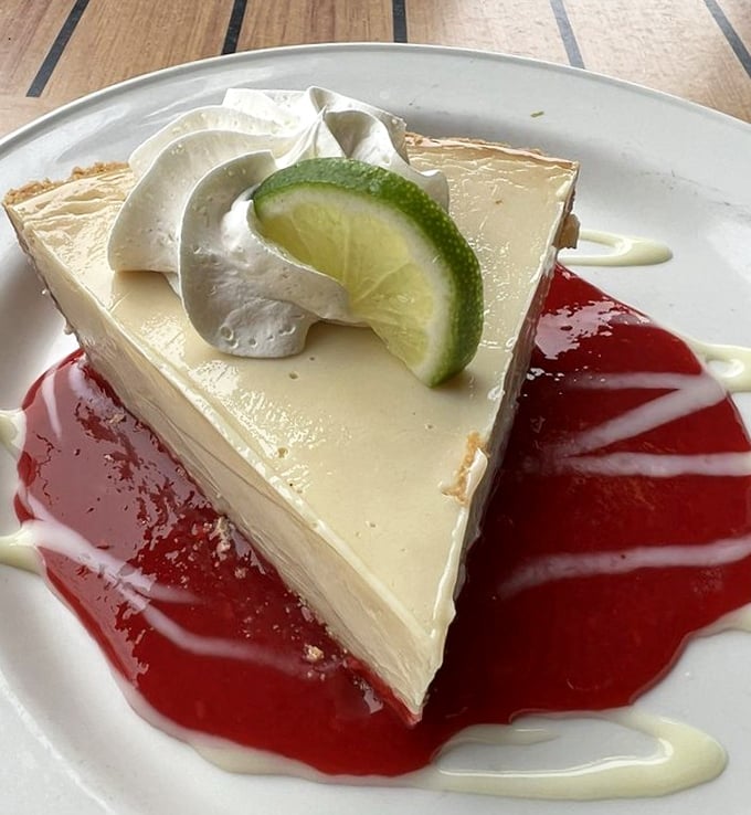 Key lime pie that hits that perfect sweet-tart balance. That lime wedge isn't garnish—it's a reminder of the citrus paradise you're about to enter.