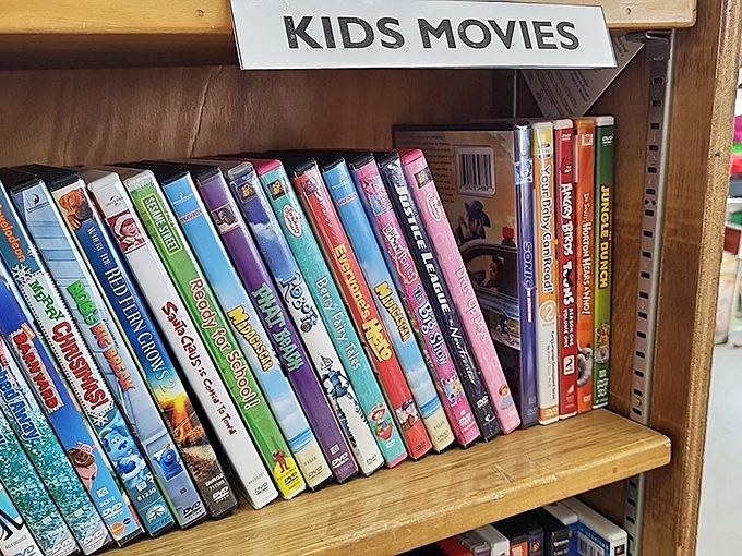 Childhood classics line these shelves, where Disney adventures and animated favorites await their next family movie night.
