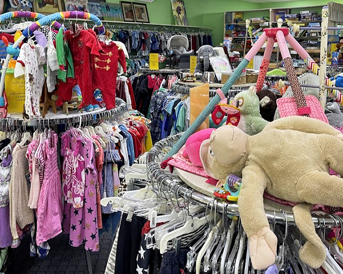The kids' section is a parent's budget-saving oasis. That stuffed elephant has seen things, but he's ready for new adventures with your little one.