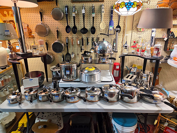 Kitchenware heaven! These gleaming pots could tell tales of Sunday dinners and holiday feasts from decades past. Grandma would approve.