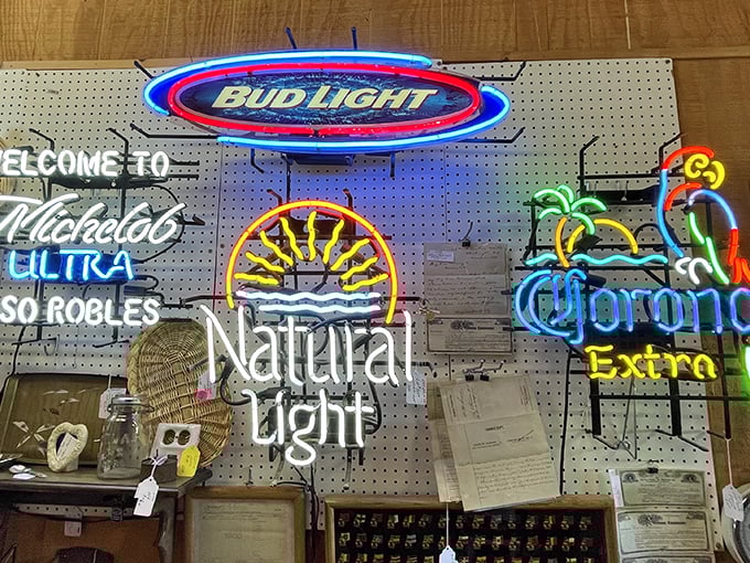 Neon signs from beer's past life glow with nostalgic warmth. Remember when bar decor wasn't trying to be ironic? Pepperidge Farm remembers.