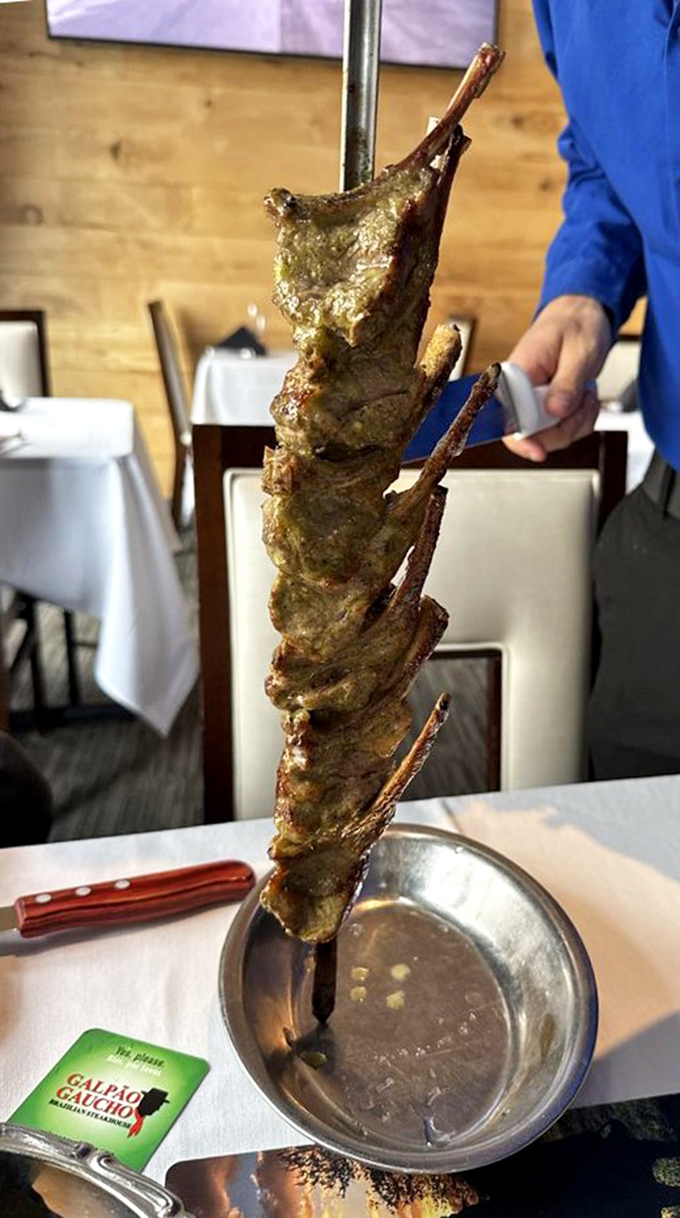 Behold the skewer of dreams! This isn't just meat on a stick&mdash;it's a vertical parade of perfectly seasoned protein waiting for your approval.