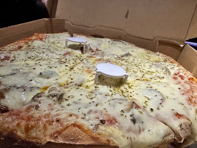 Pizza architecture at its finest &ndash; a blanket of melted cheese covering savory toppings, all supported by that signature crust. Structural integrity never tasted so good.