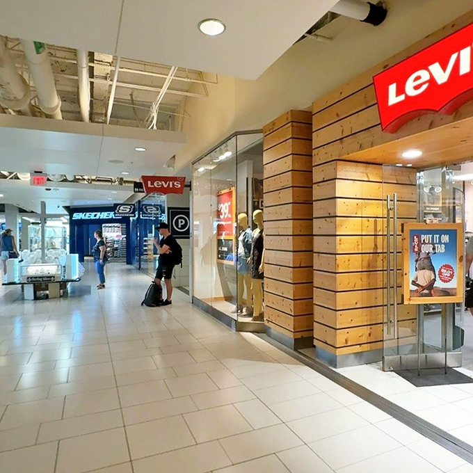 Levi's brings denim dreams to life with their warm wood accents and cool blue jeans&mdash;a match made in fashion heaven.