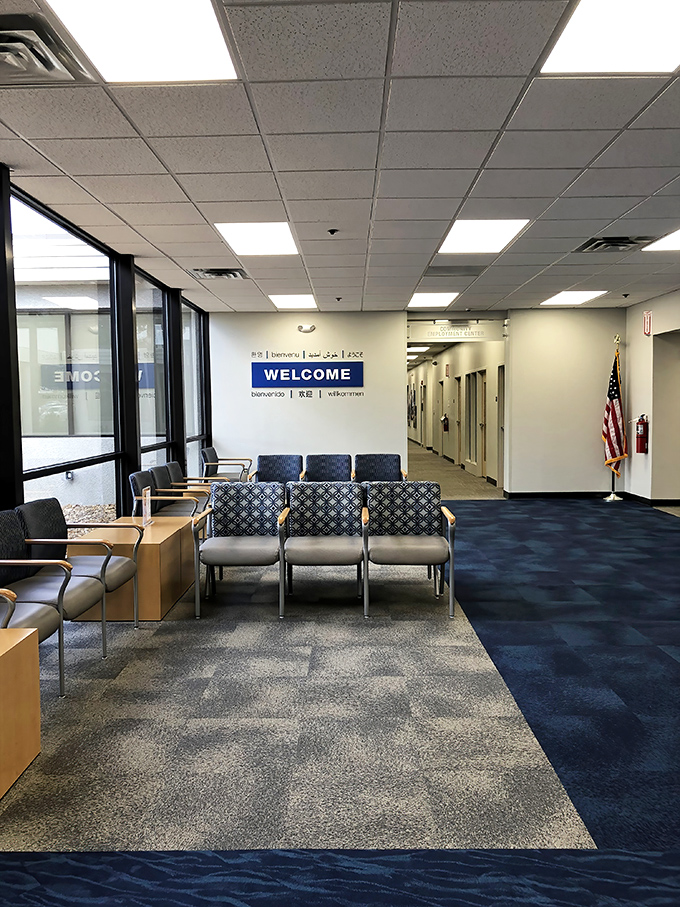 The welcome area offers a moment of calm before the bargain storm. Like the quiet lobby of a theater before an Oscar-worthy performance of "The Price Is Right."