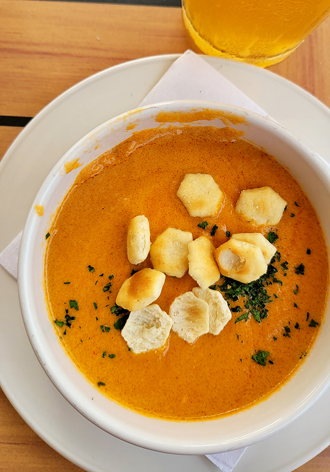 Rich lobster bisque topped with tender chunks that'll warm your soul on the steamiest Gulf Coast afternoon.