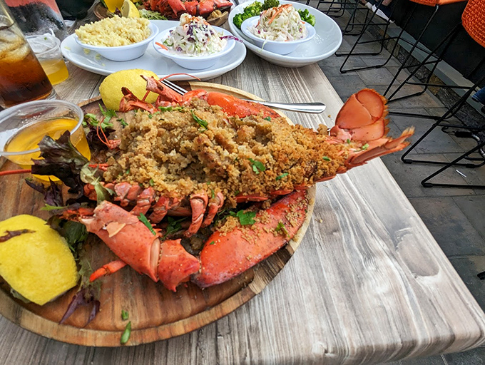 This isn't just lobster &ndash; it's a crustacean masterpiece wearing a breadcrumb tuxedo. The side dishes are practically applauding.