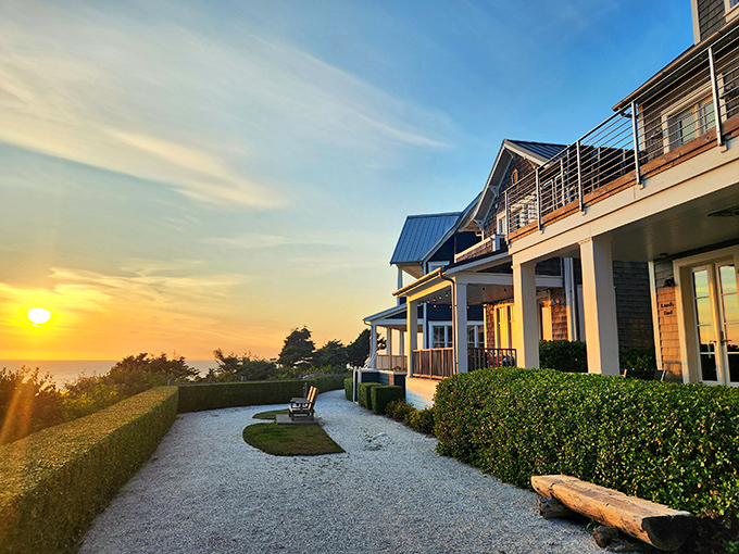 Golden hour perfection. These oceanfront homes with their manicured hedges and gravel pathways prove that luxury can be understated and still take your breath away.