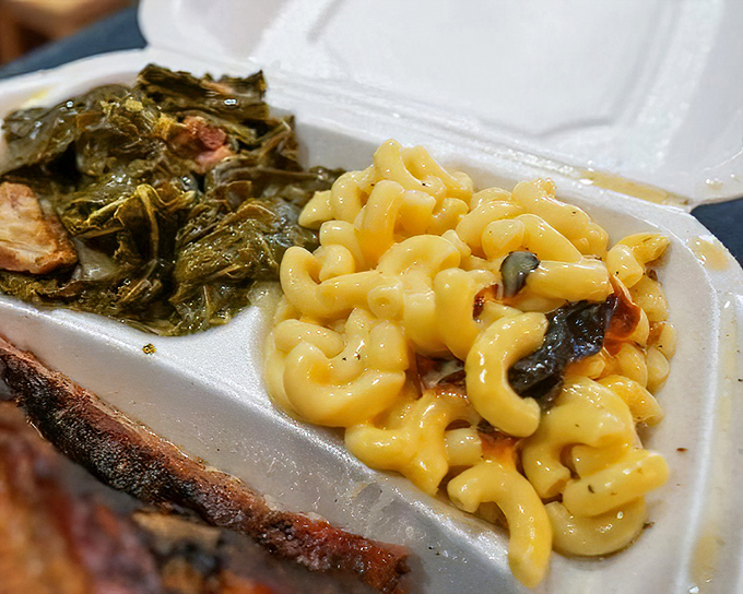 Mac and cheese that achieves that perfect balance between creamy and cheesy, alongside cabbage cooked to tender perfection.