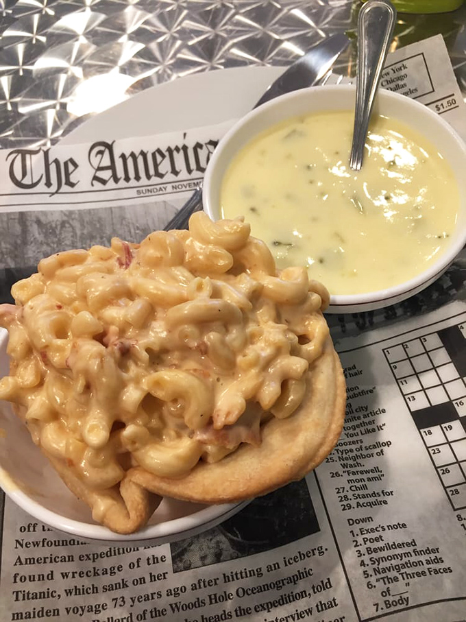 Mac and cheese served in a pie crust with soup on the side&mdash;carbs comforting carbs in beautiful harmony.