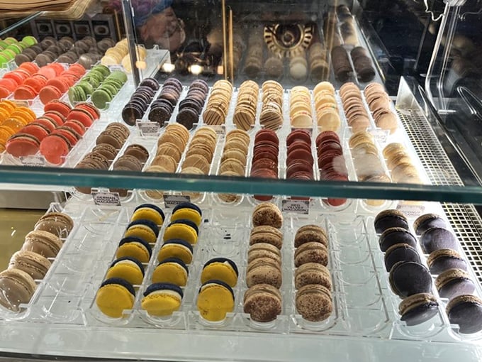 A rainbow of macarons arranged with military precision. Like edible jewelry, these delicate confections are the fashion accessories of the dessert world.