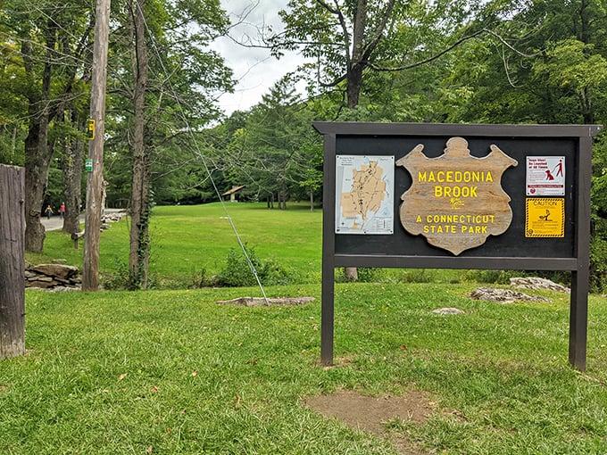 Macedonia Brook State Park welcomes visitors with the kind of signage that promises adventure without the need for survival gear or satellite phones.