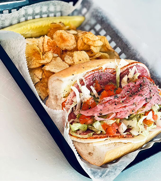 A proper hoagie should require two hands and complete concentration. This beauty, with chips on the side, demands nothing less.