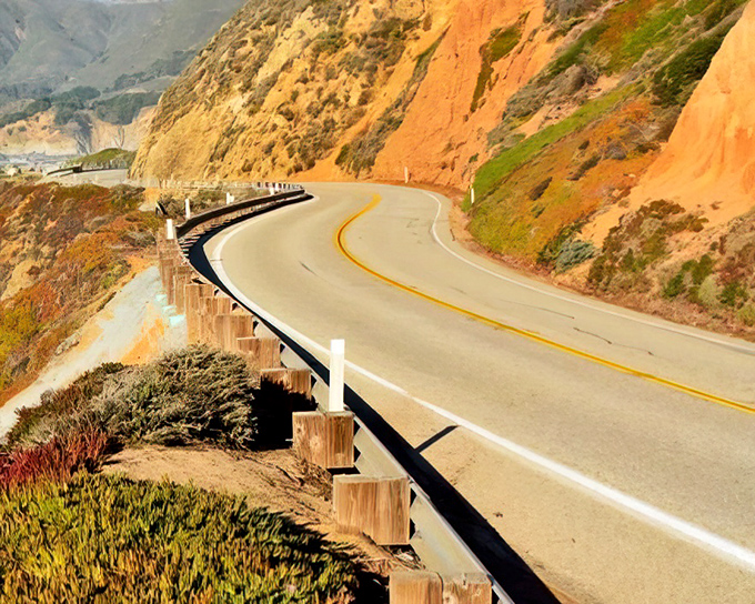 This stretch of road clings to the mountainside like it's afraid of heights but can't resist the view.