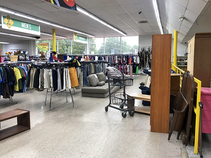 The men's department: where yesterday's impulse purchases become tomorrow's vintage finds. That gray couch is just taking a breather between homes.