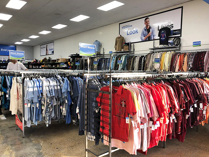 The men's section: where Hawaiian shirts that witnessed countless backyard barbecues hang hopefully next to dress shirts still bearing original tags.