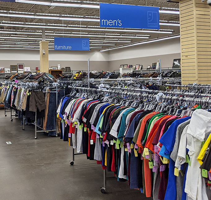 Men's clothing organized with surprising precision. Find everything from job interview blazers to "mowing the lawn" shorts in one convenient aisle.