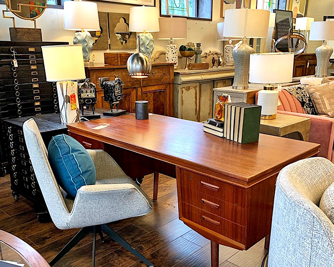 The desk where Don Draper might have sketched his best ad campaigns, complete with the perfect mid-century chair for creative contemplation.