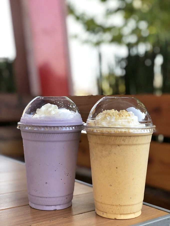 Purple meets beige in a milkshake showdown. The ube shake brings Filipino flair while its vanilla companion offers timeless comfort.
