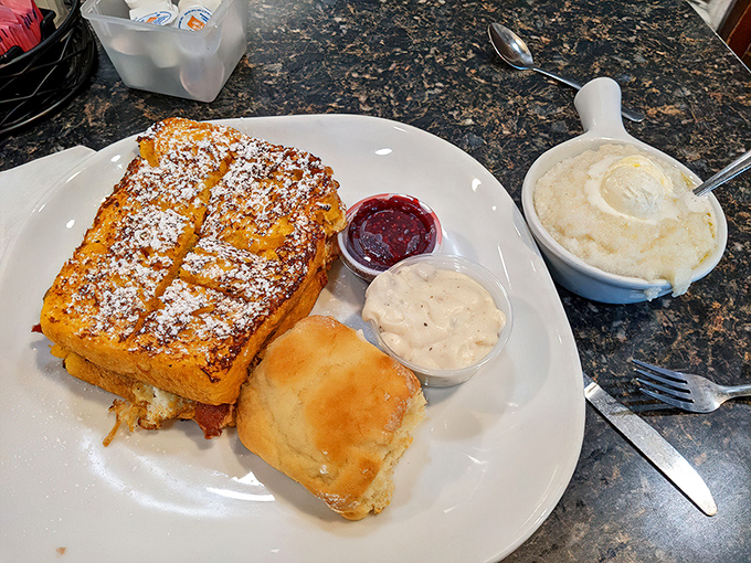 French toast that's dressed for success with powdered sugar and all the fixings. Breakfast this good makes Monday mornings almost bearable.