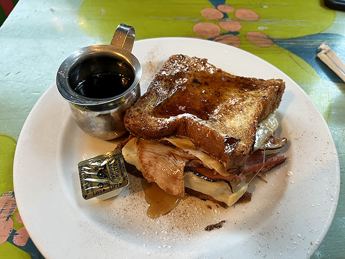 The Monte Cristo sandwich arrives like breakfast and lunch eloped and had a delicious honeymoon. Sweet maple syrup meets savory ham and cheese.