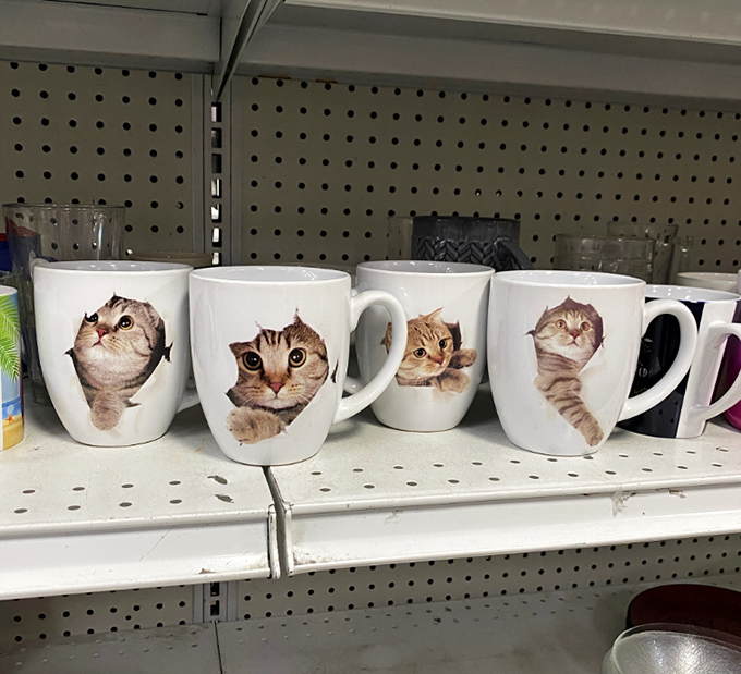 These cat mugs are the perfect vessels for morning coffee. Nothing says "I'm an interesting person" quite like sipping from a feline peeking through porcelain.