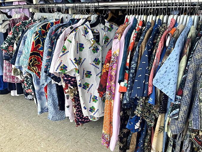 Racks bursting with patterns that tell stories of decades past. That Hawaiian shirt? Someone's dad definitely rocked it at a barbecue.