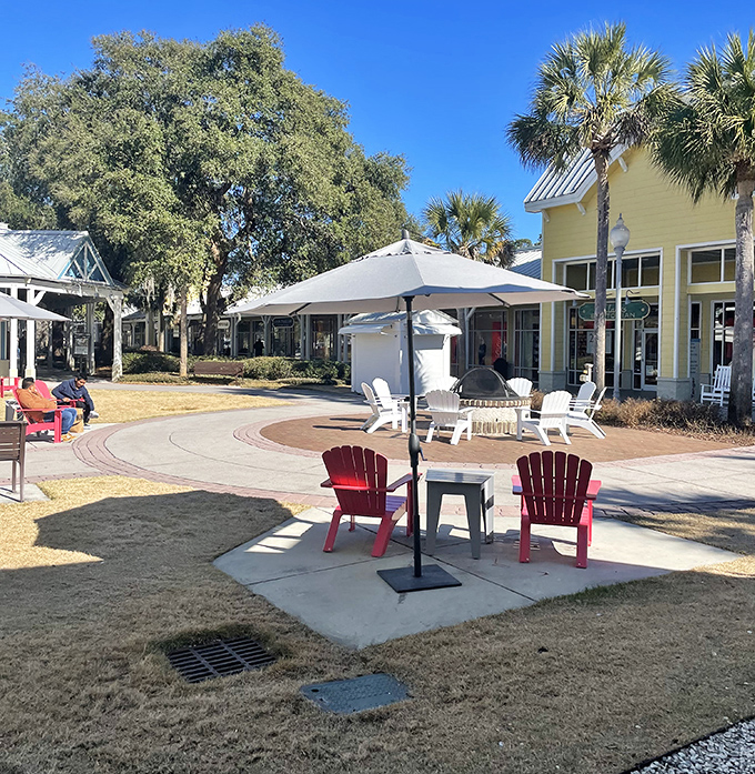 The outdoor seating areas: retail's version of base camp for expedition shoppers. Those Adirondack chairs have heard more "I can't believe I just spent that much" conversations than a therapist.
