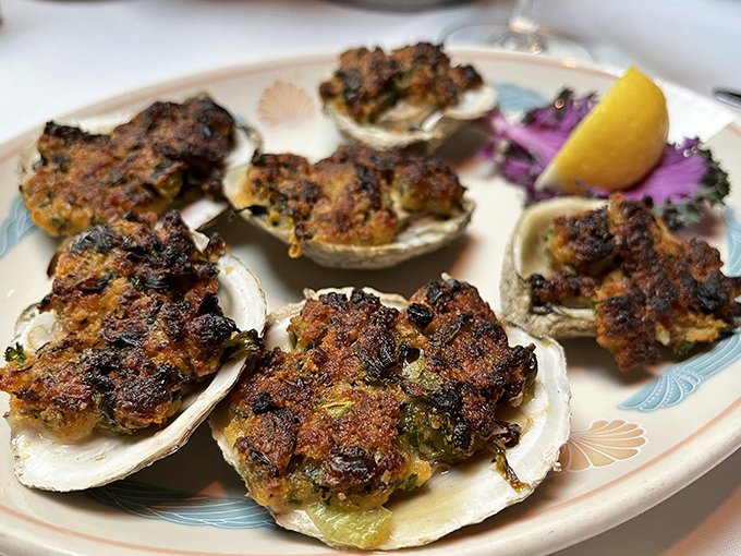 Oysters Rockefeller so perfectly broiled they'd make a Vanderbilt jealous—decadent little treasures nestled in their own natural serving dishes.