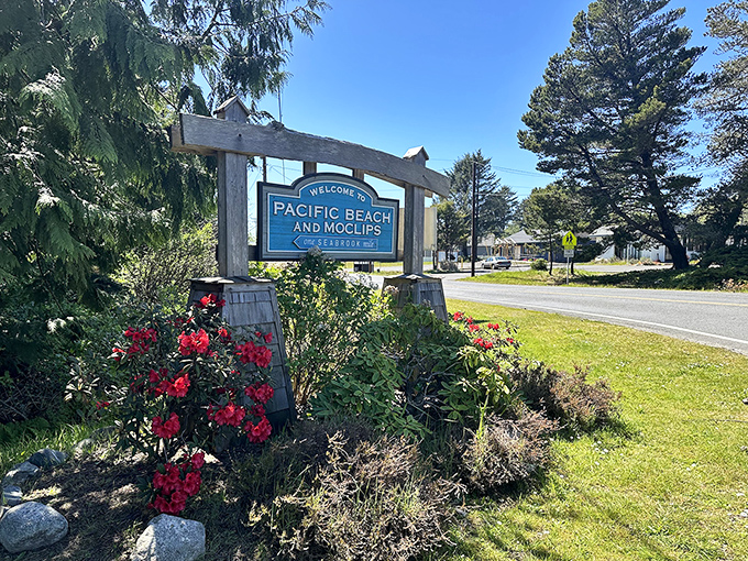 The welcome sign to Pacific Beach and Moclips stands surrounded by vibrant rhododendrons&mdash;nature's way of saying "the landscaping committee means business here."