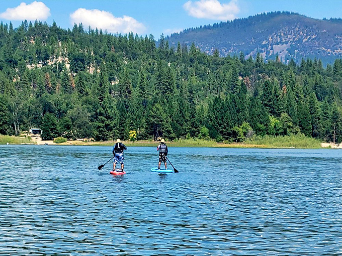 Social distancing, California-style. Paddleboarders glide across Lake Britton's mirror-like surface with the forested mountains creating a perfect backdrop.