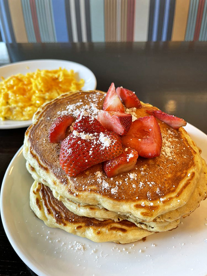 Pancake perfection that would make your grandmother jealous. Those strawberries aren't just garnish &ndash; they're trying to make this breakfast healthy. 