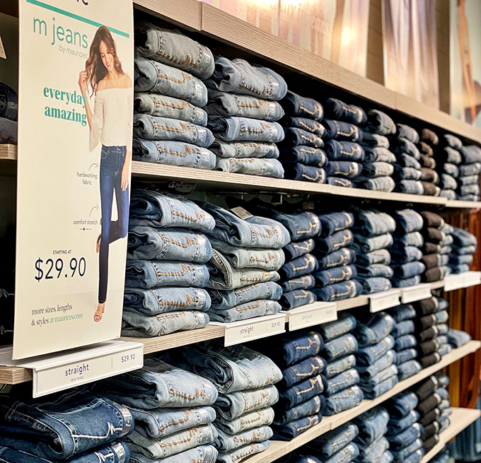 Denim paradise awaits the patient shopper. These perfectly folded jeans represent hours of someone's hard work that we'll undo in seconds.